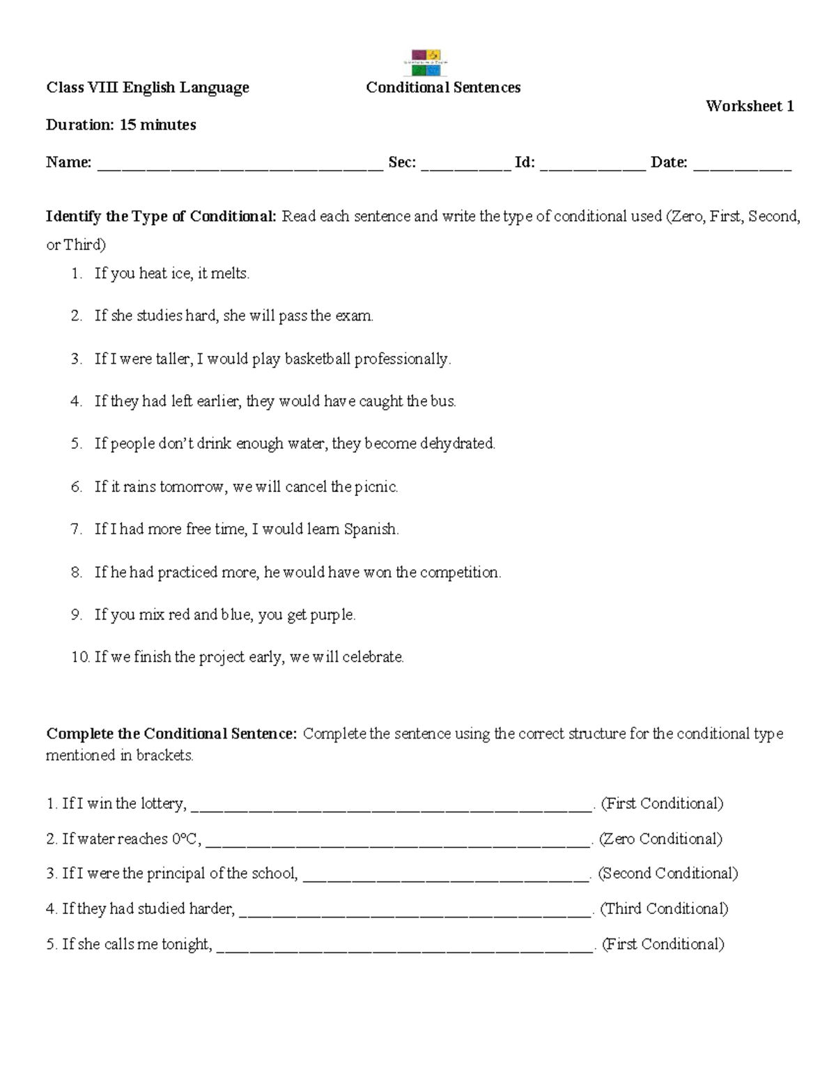 Conditional Sentences Practice Worksheet 1: Types & Structures - Studocu