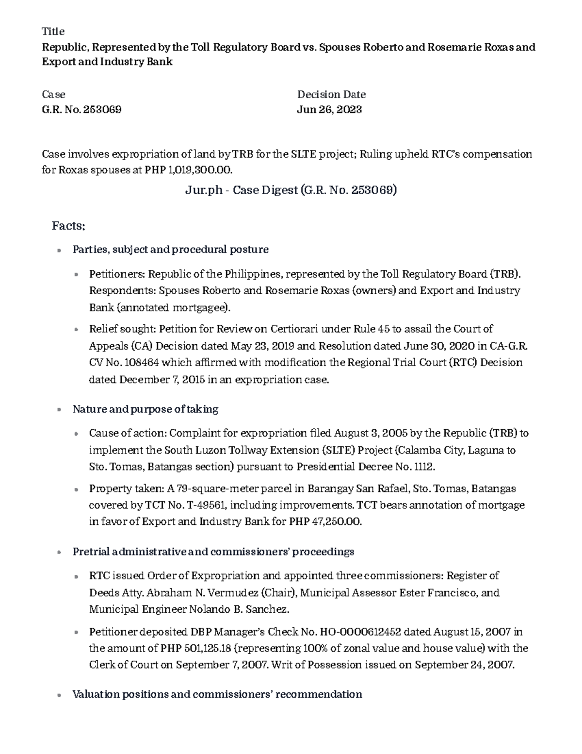 Eminent Domain Case Digest: Republic vs. Roxas & Export Bank (G.R. No ...
