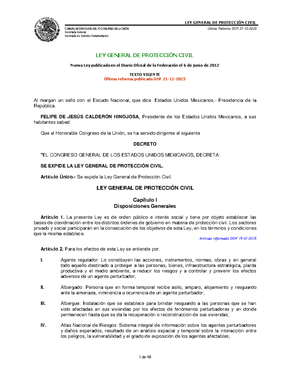 LGPC 2023 - Actualización de la Ley General de Protección Civil - Studocu