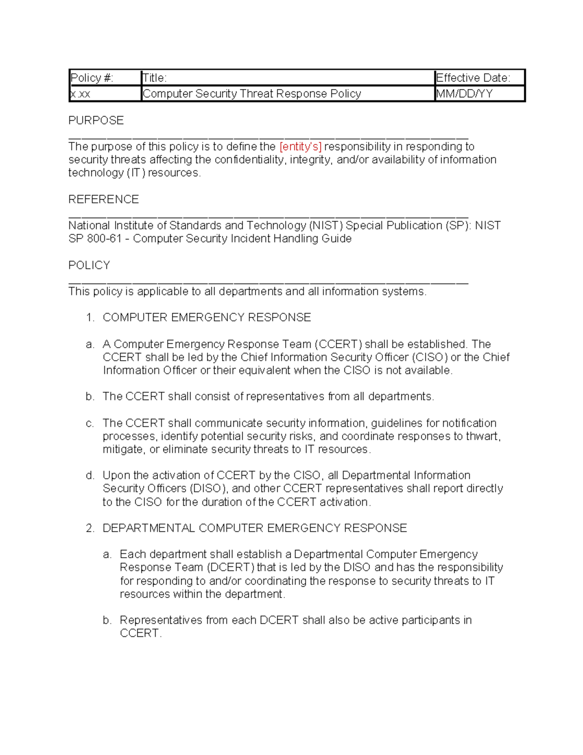 Computer Security Threat Response Policy x.xx - Studocu