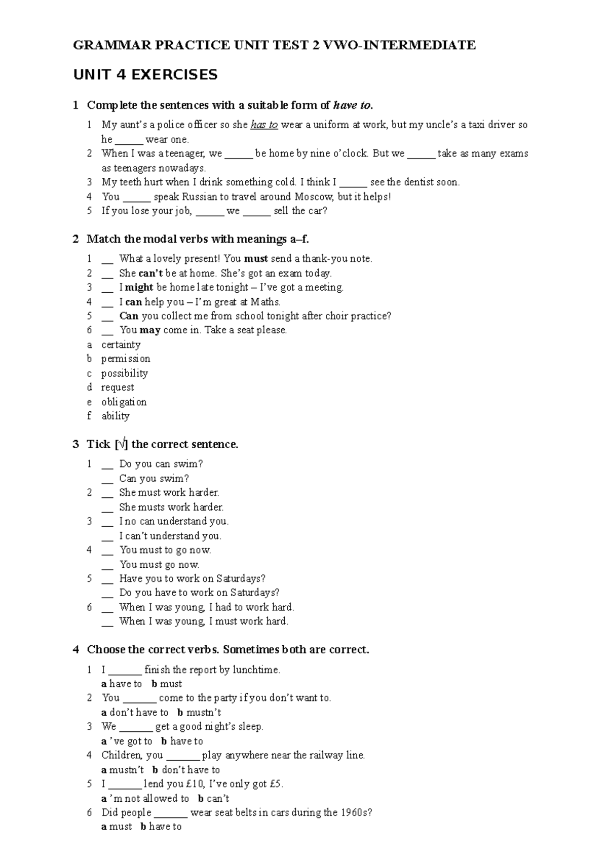 Grammar Practice Unit Test 2 (U4-6) for Intermediate Level - Studeersnel