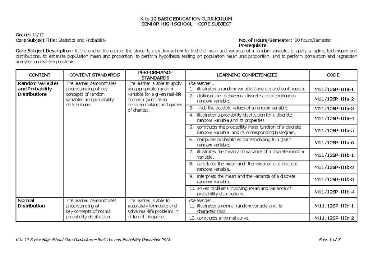 Grade 11 Stat & Prob Course Guide: Concepts & Competencies Overview ...
