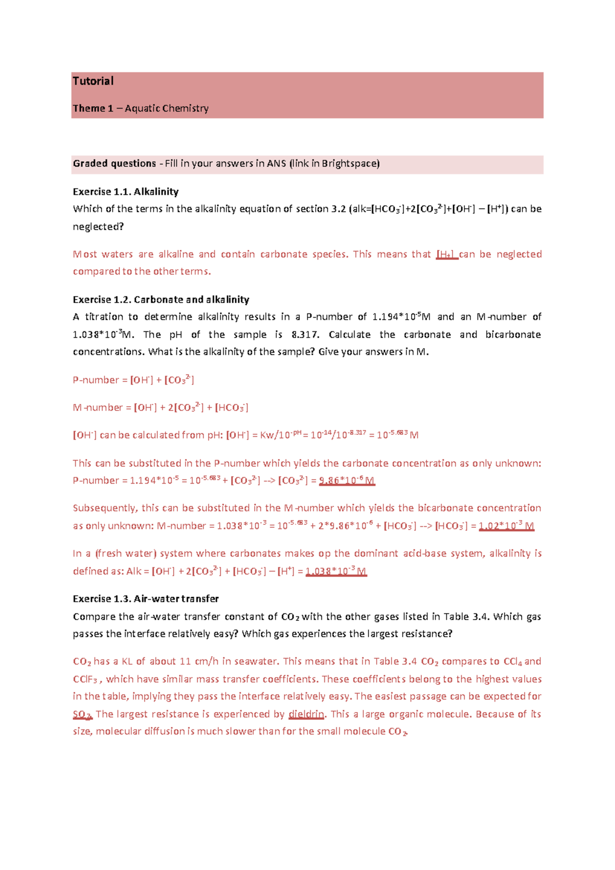 Aquatic Chemistry Tutorial Theme 1 Answers - CHEM101 - Studeersnel