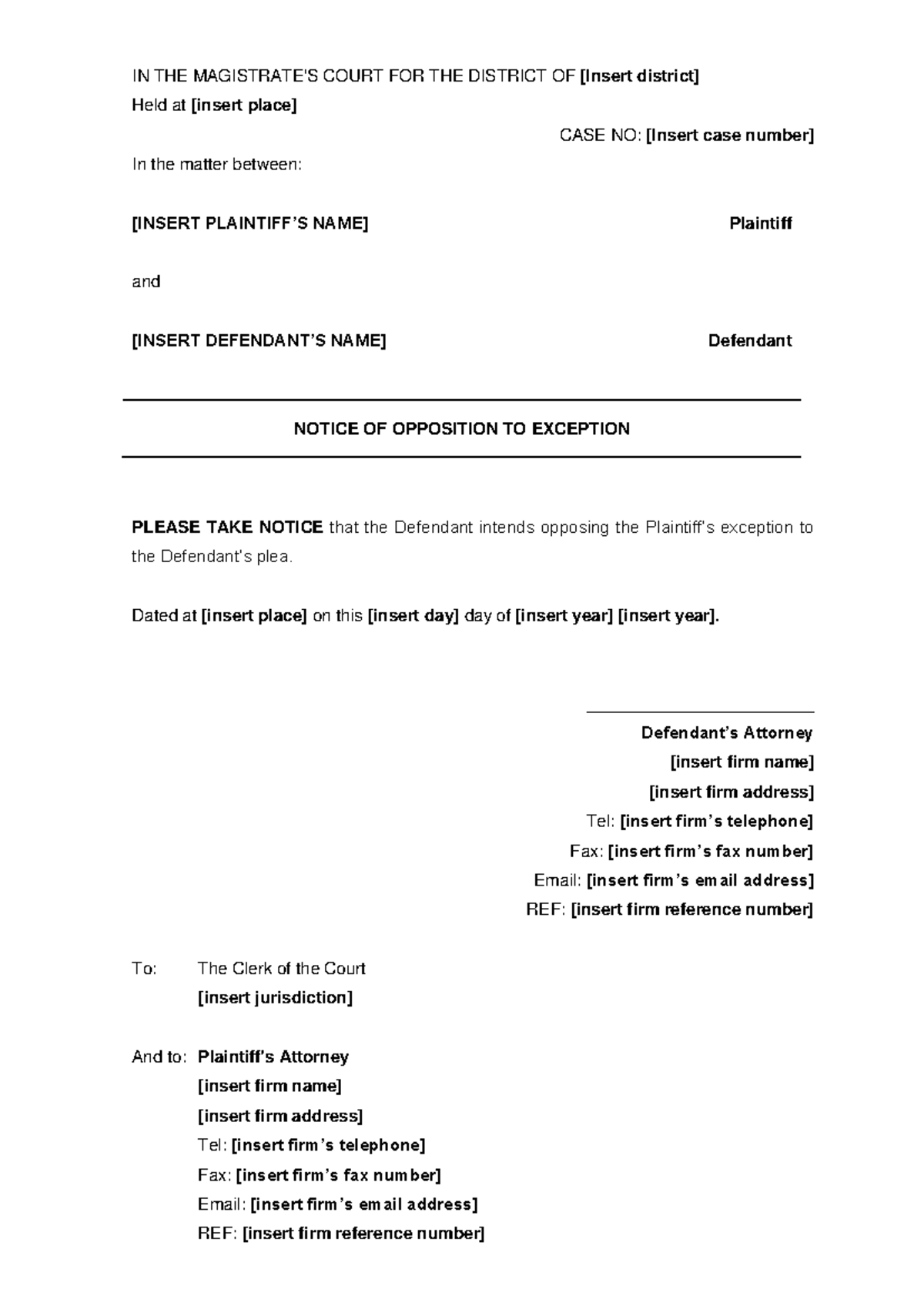 Magistrates’ Court notice of opposition to exception - IN THE ...