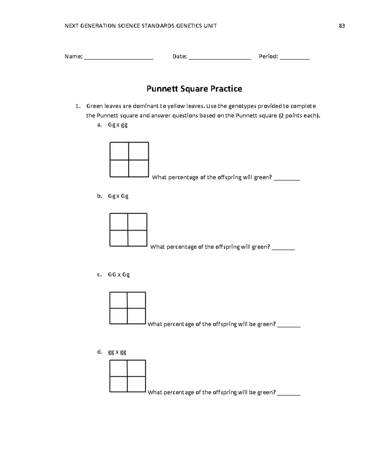 NEXT GEN SCIENCE STANDARDS GENETICS UNIT: Punnett Square Practice - Studocu