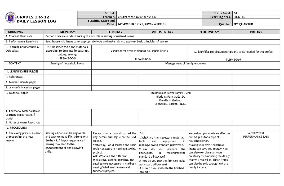 DLL TLE-HE 6 Q3 W3 - Sewing Household Linens Lesson Plan - Studocu