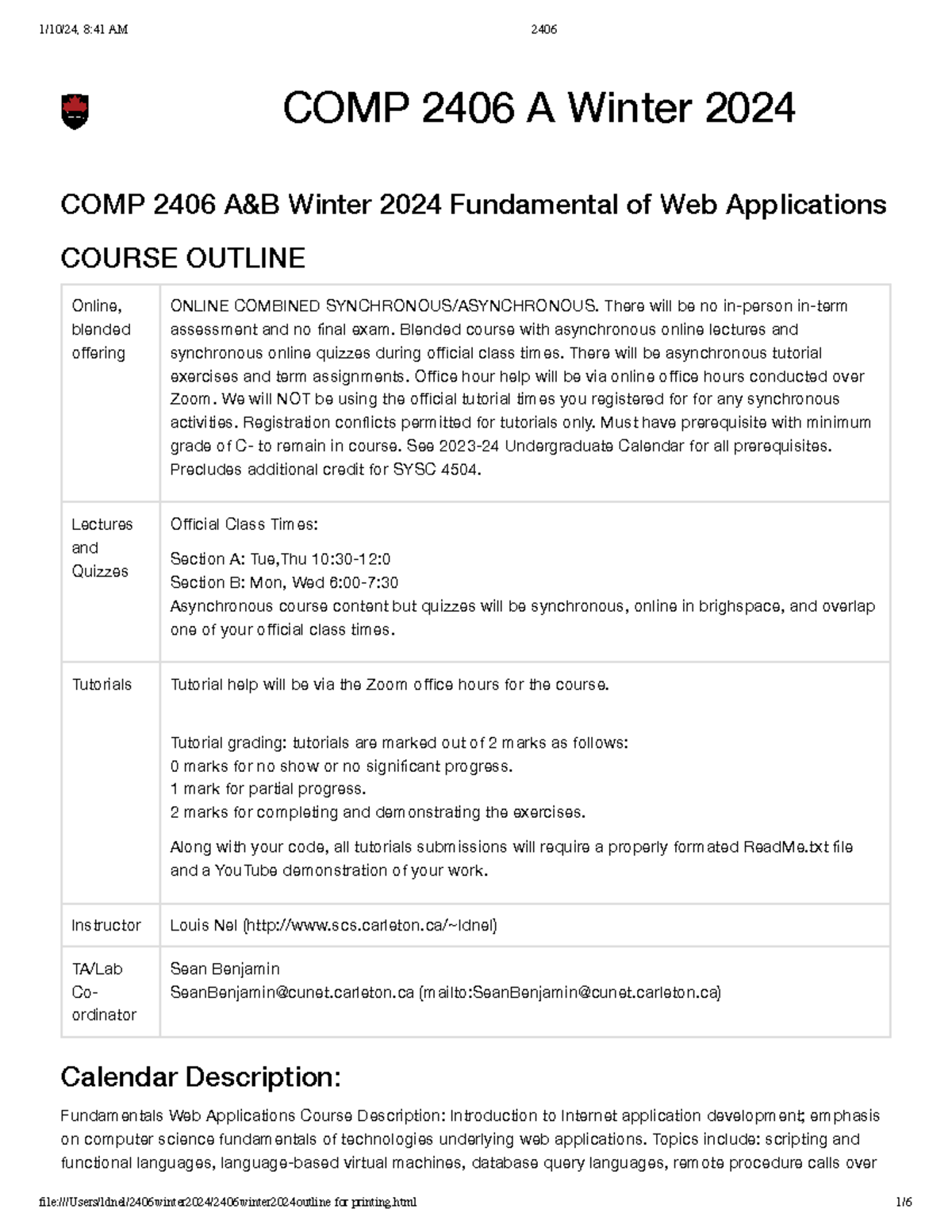 COMP 2406 A Winter 2024 Course Outline: Fundamentals of Web Apps - Studocu