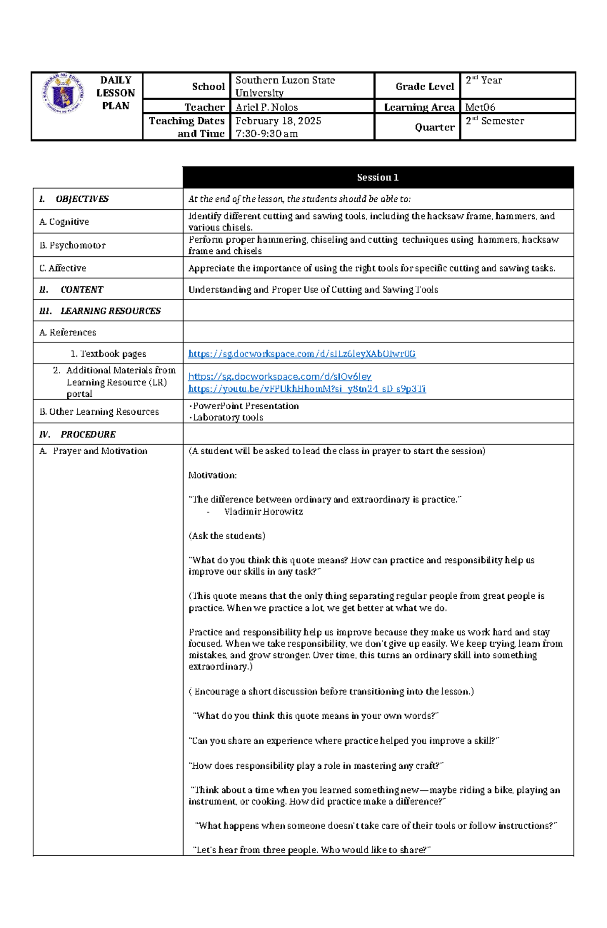 Nolos^J Ariel P. (Cutting and Sawing Techniques—Lesson Plan) ( - DAILY LESSON PLAN School ...