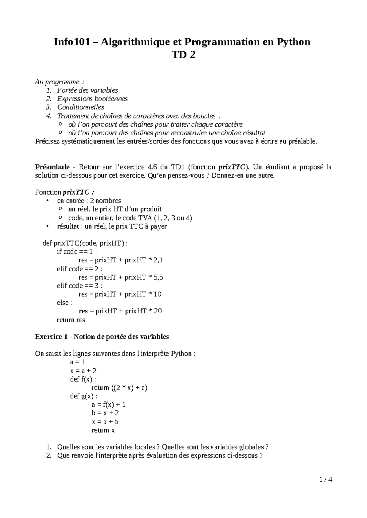 TD2 Info101 : Algorithmes et Programmation en Python - Studocu