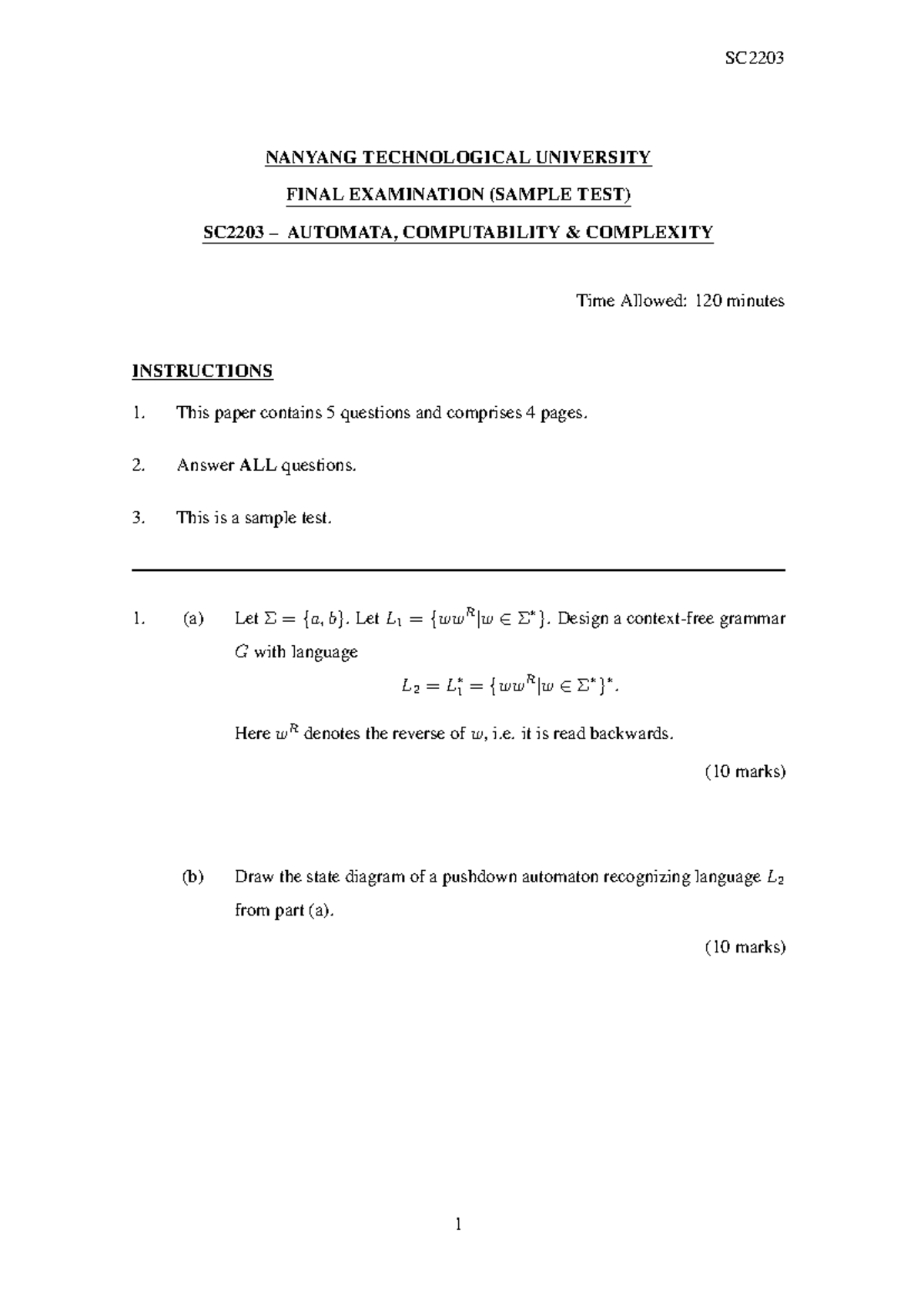SC2203 NANYANG TECHNOLOGICAL UNIVERSITY FINAL EXAM SAMPLE QUIZ ON ...