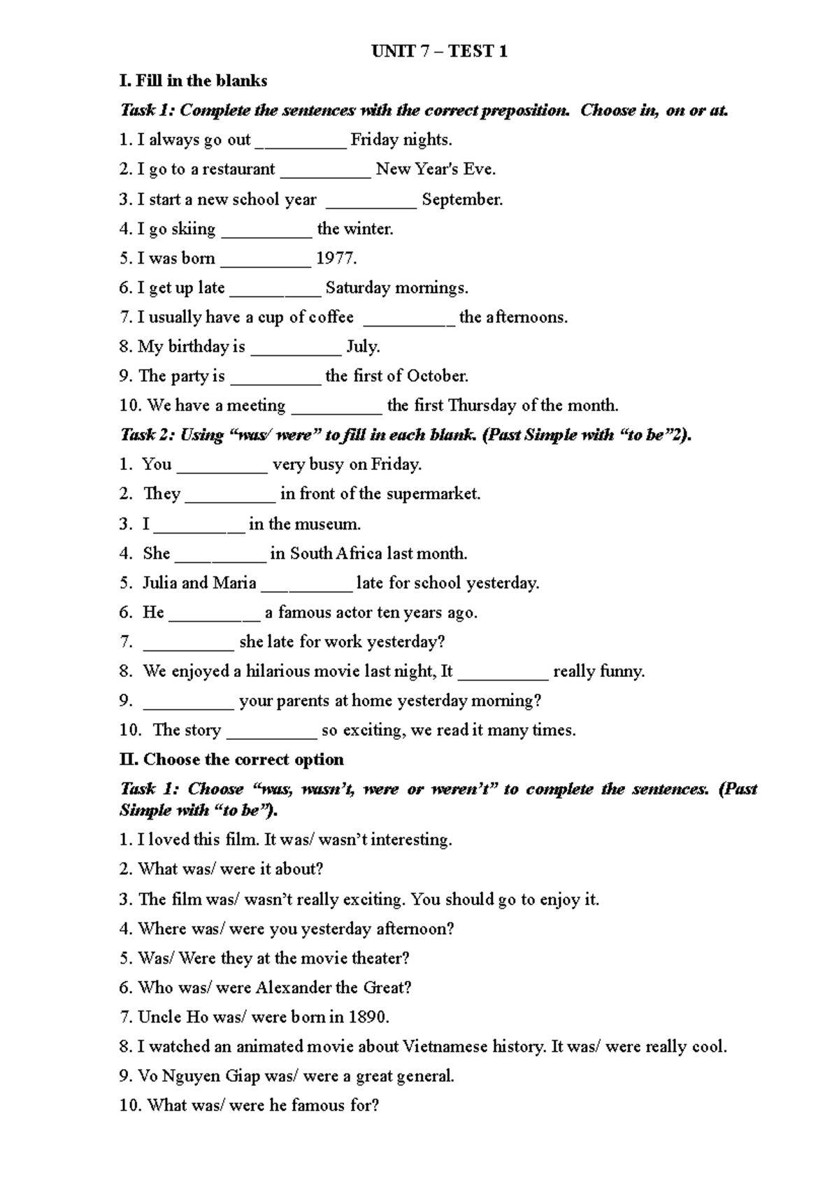 UNIT 7 TEST 1 - Prepositions and Past Simple Exercises - Studocu