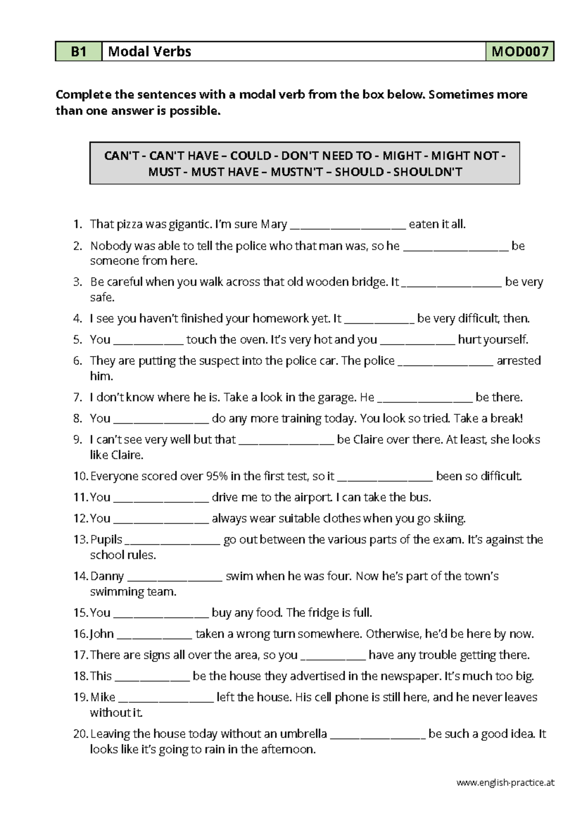 B1 Modal Verbs MOD007 Worksheet for Practicing Modal Verbs - Studocu