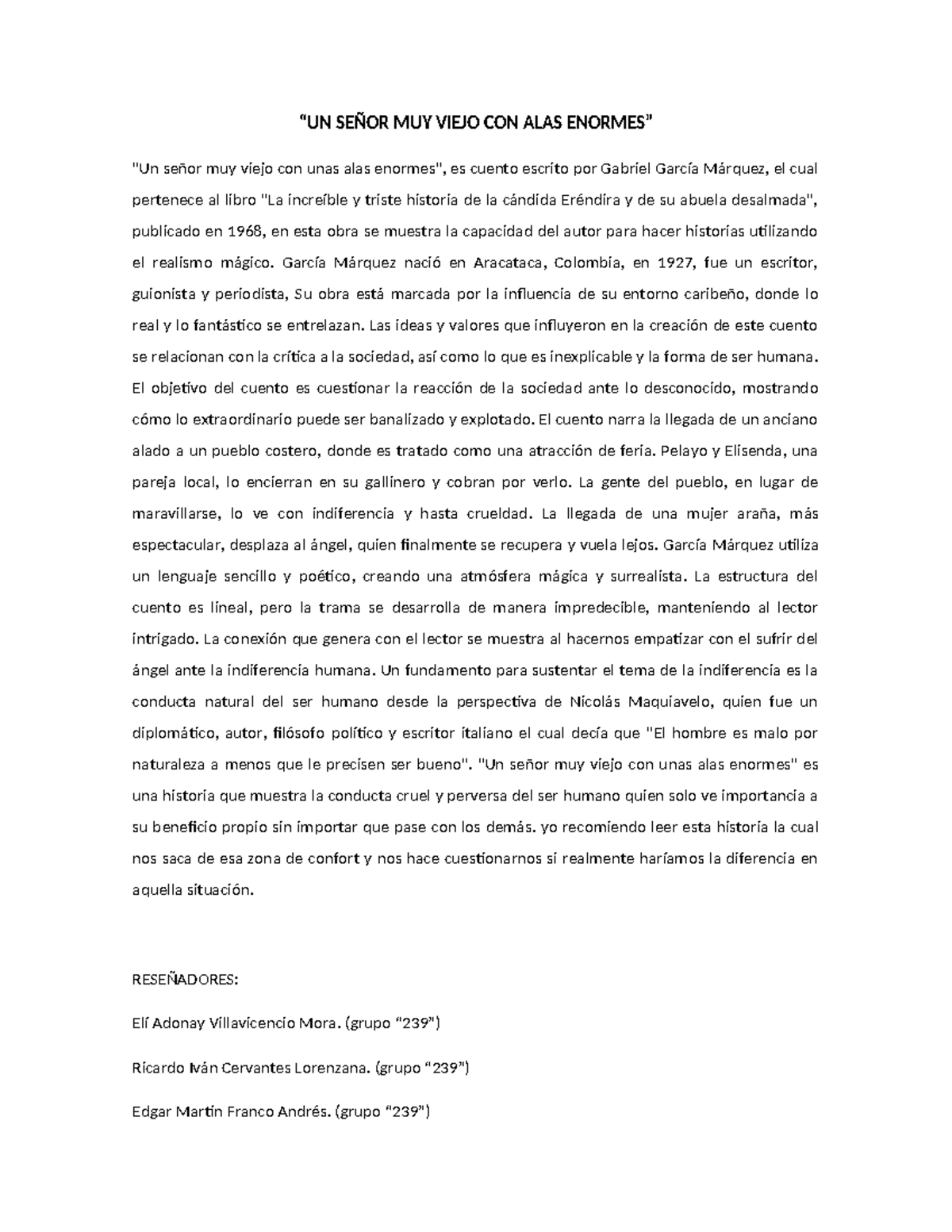 Análisis del Cuento "Un Señor Muy Viejo con Alas Enormes" - Studocu