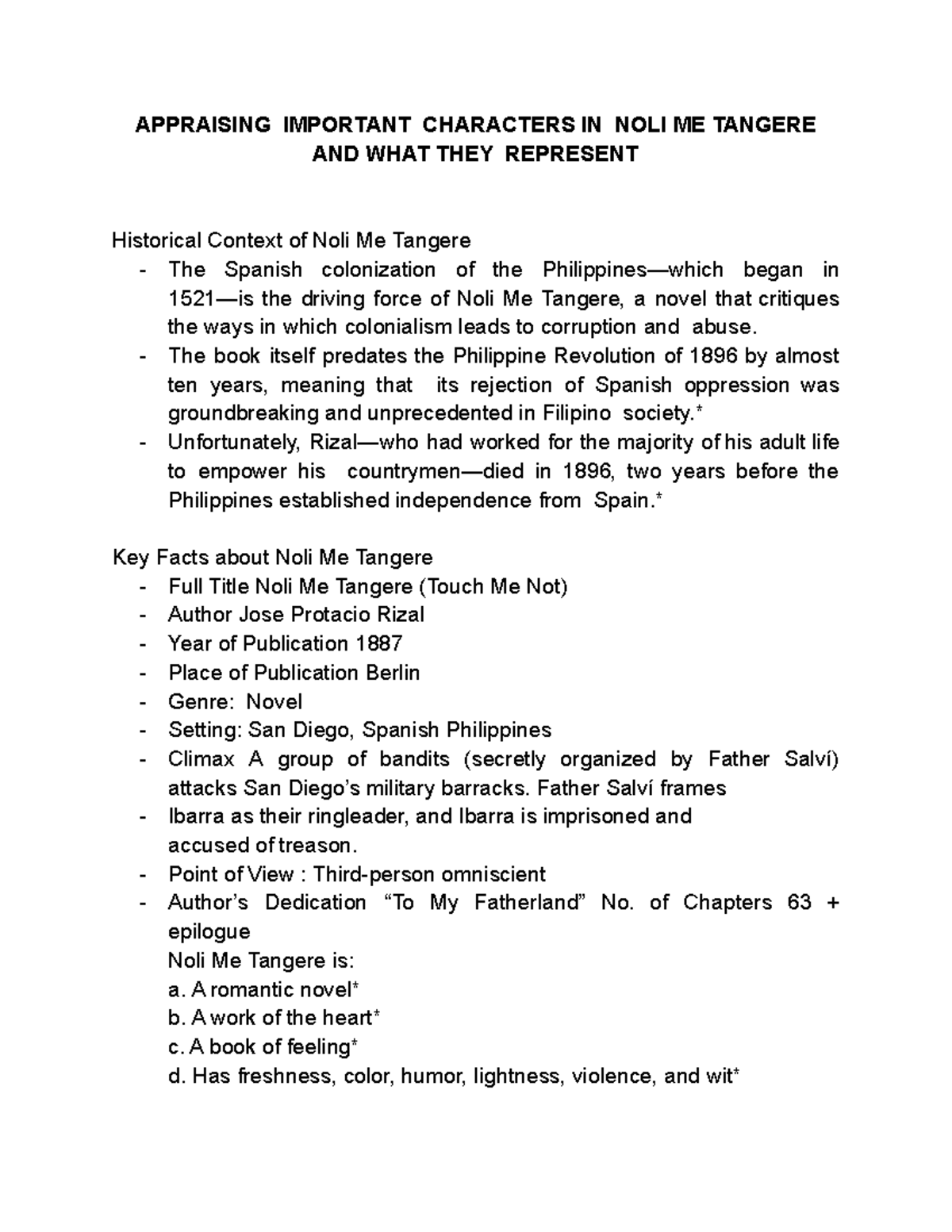 Appraising Key Characters in Noli Me Tangere: Their Significances - Studocu