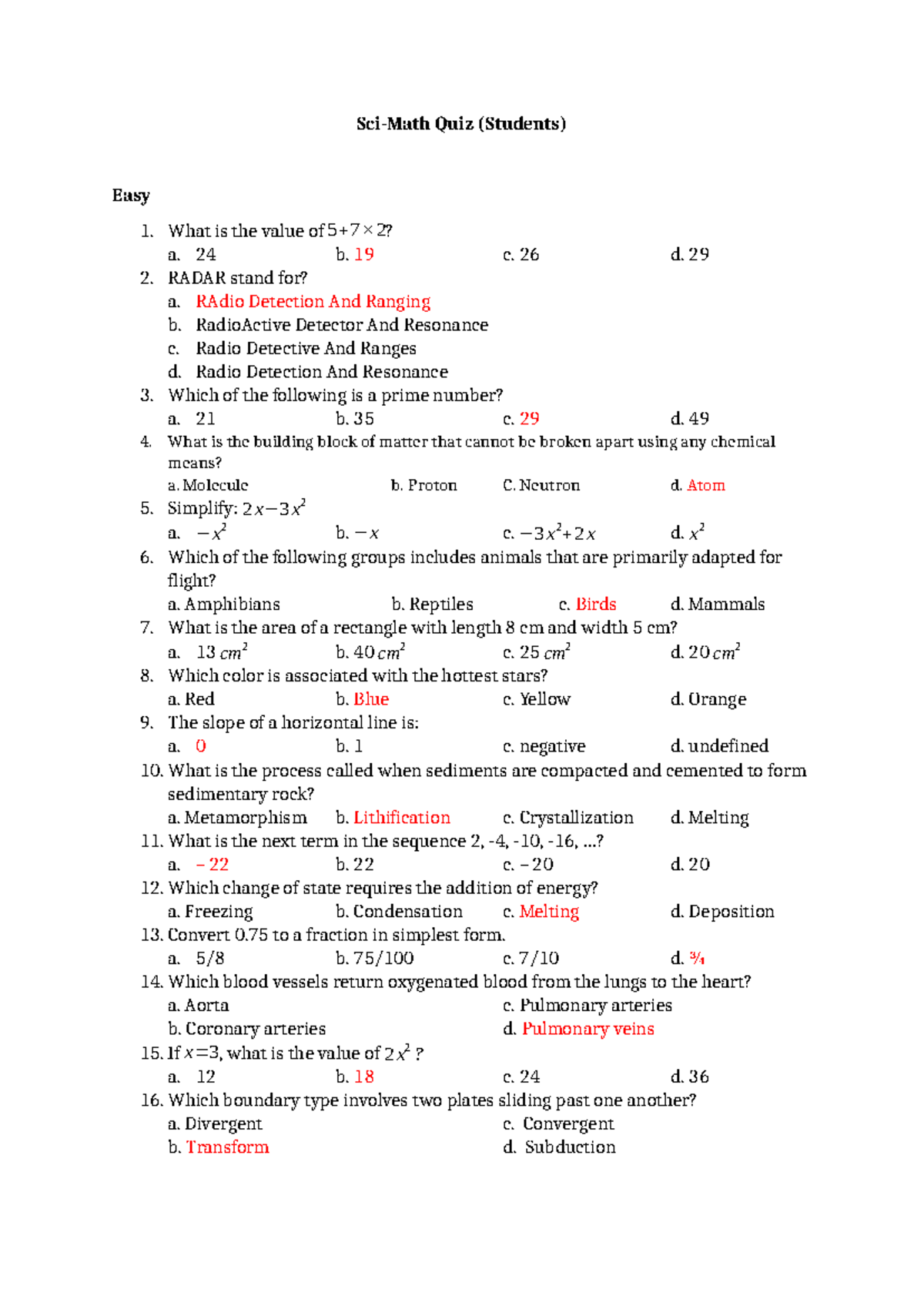 Sci-Math Quiz (Students) - Easy Questions and Answers - Studocu