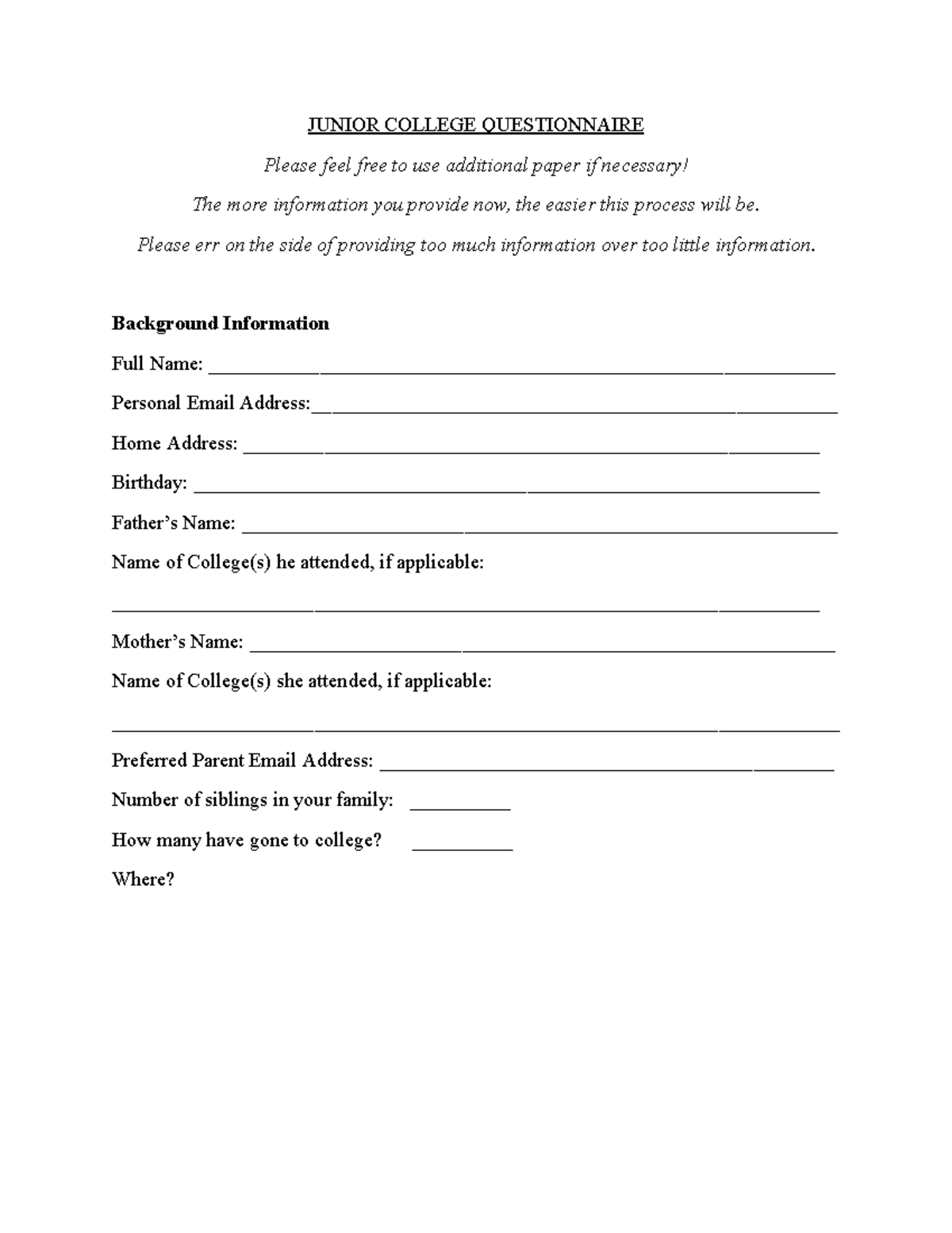 Junior College Questionnaire - Class of 2026 - JUNIOR COLLEGE ...