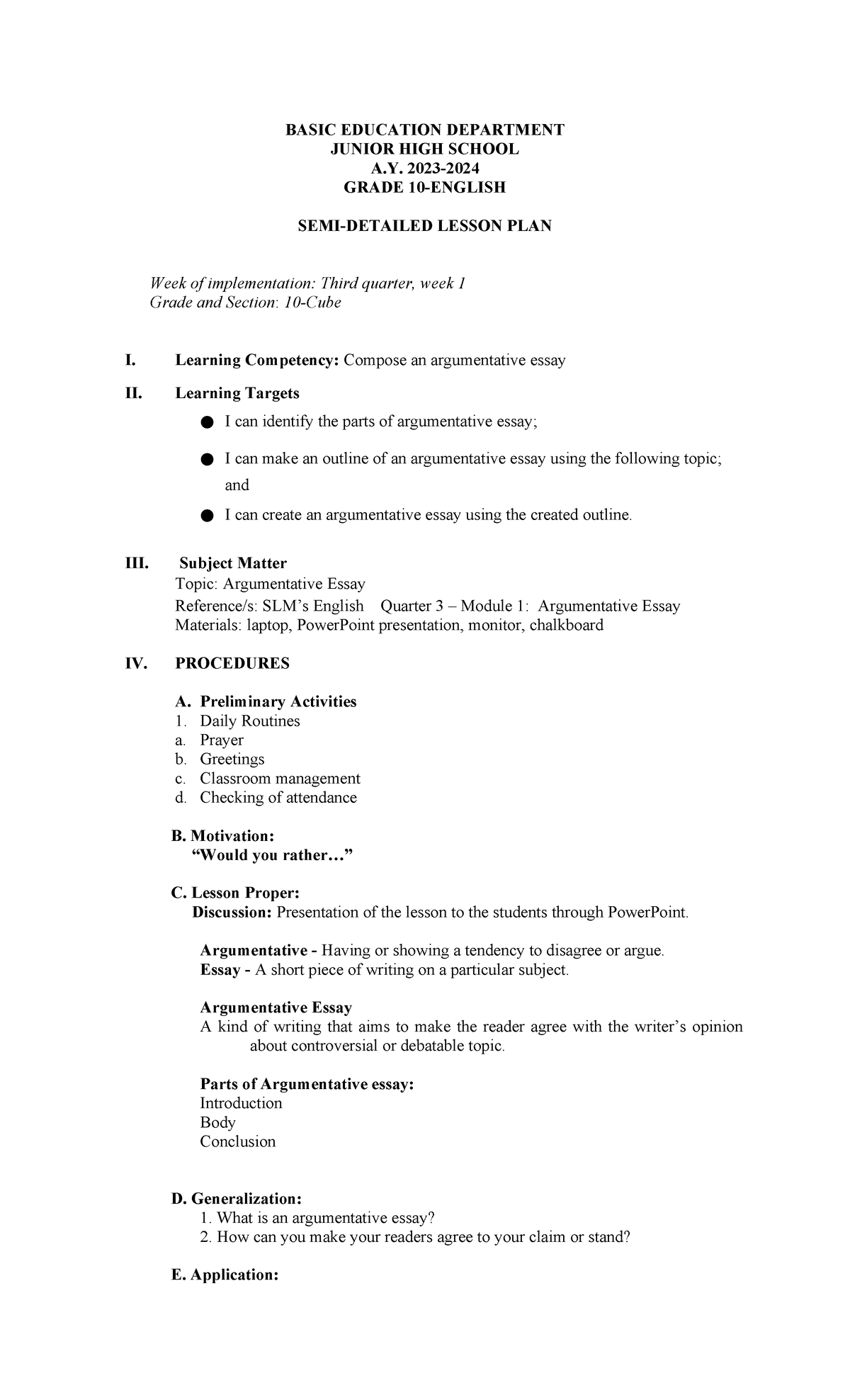 Argumentative Essay Lesson Plan for G10 English (SEMI-Detailed) - Studocu