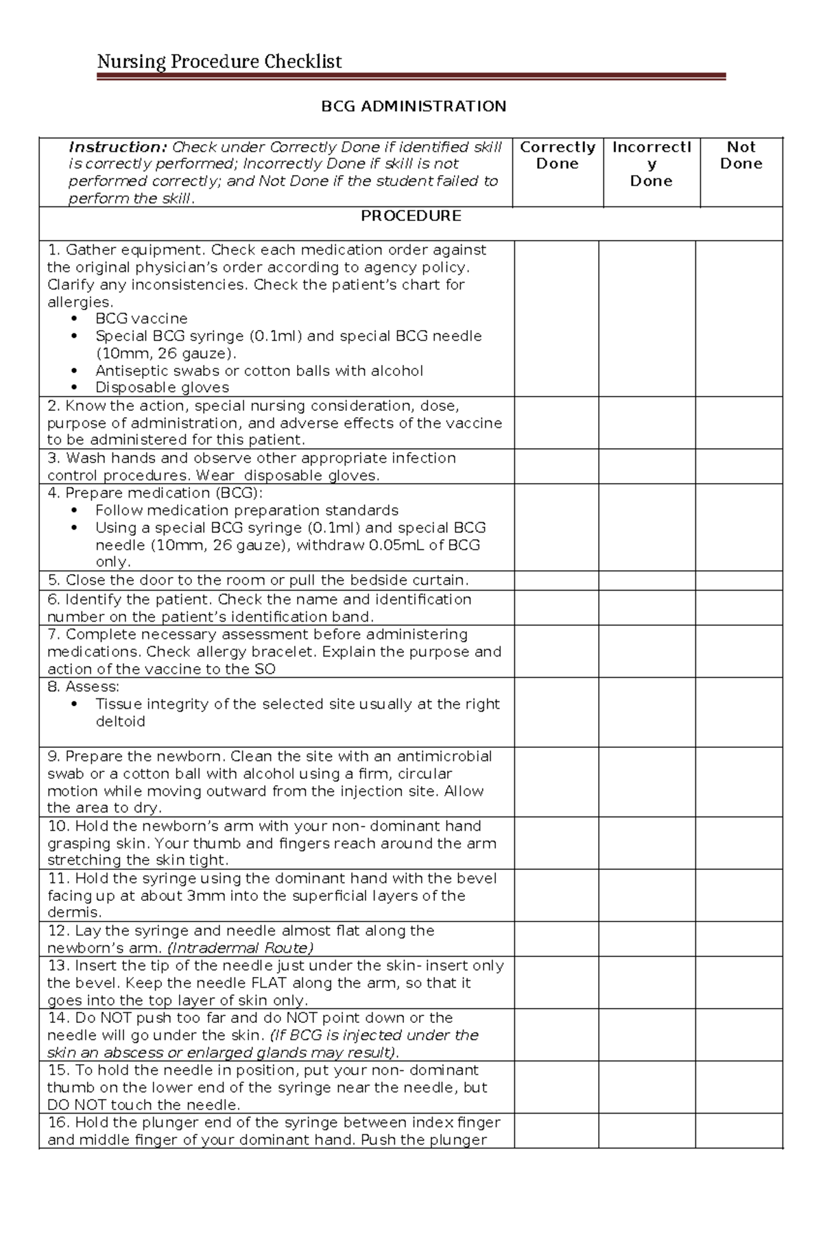 Nursing Procedure Checklist: BCG Administration Protocol - Studocu
