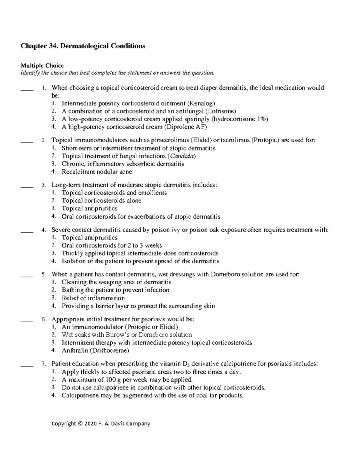 Chapter 34 - practice test questions - Chapter 34. Dermatological ...