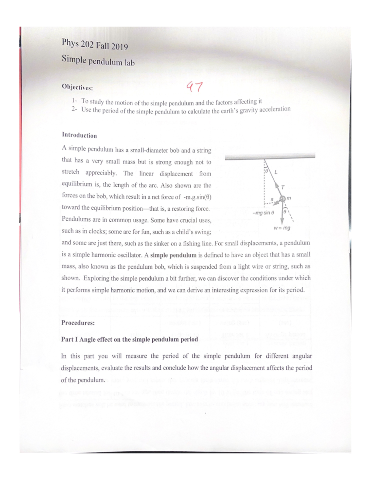 Simple pendulum lab - a ae Use the period of the simple pendulum to ...
