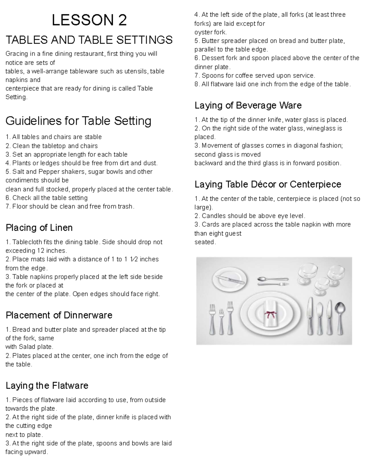 Lesson 2: Tables & Table Settings in Fine Dining - Studocu