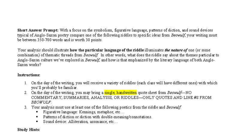 Beowulf Analysis: Riddles, Themes, and Poetic Devices (ENG 101) - Studocu