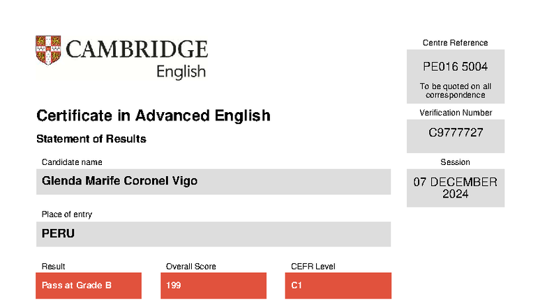 Statement of Results - Certificate in Advanced English PE016 5004 - Studocu