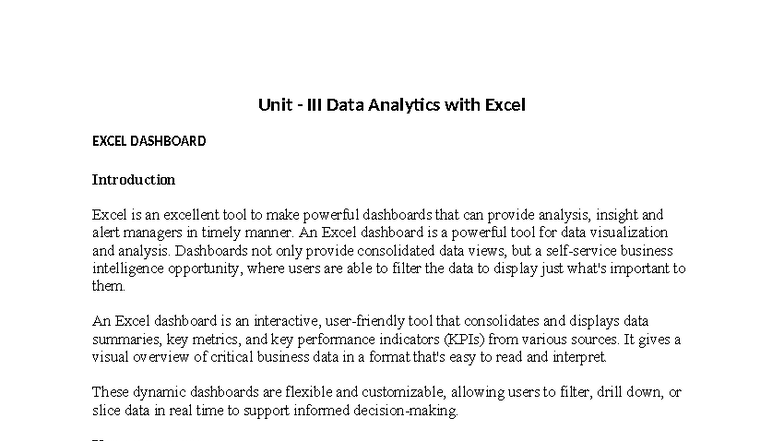 Unit 3 - Data Analytics with Excel: Dashboard & Pivot Table Notes - Studocu
