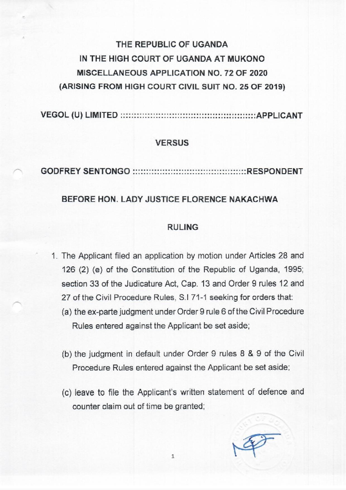 Vegol (U) Limited v Godfrey Sentongo: Ruling on Miscellaneous ...
