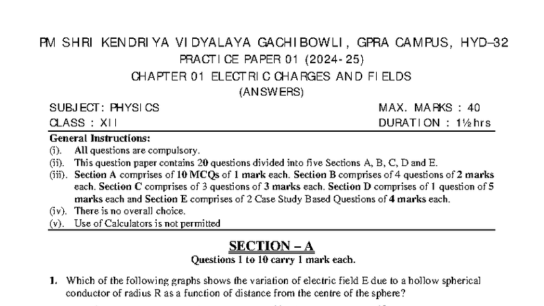 Physics XII Chapter 01 Electric Charges & Fields Practice Paper 01 ...