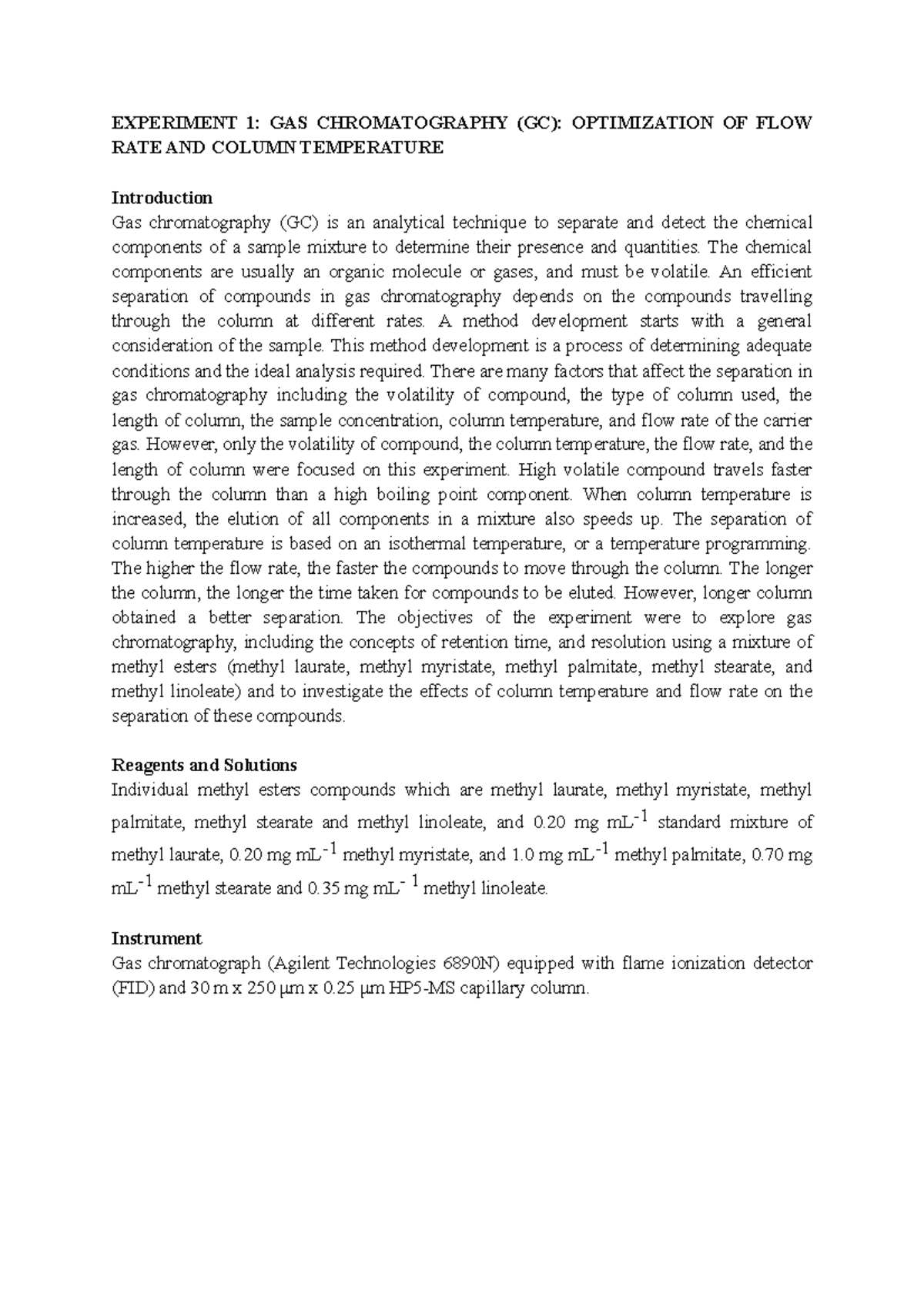 CHM510 - Gas Chromatography: Optimizing Flow Rate & Temp - Studocu