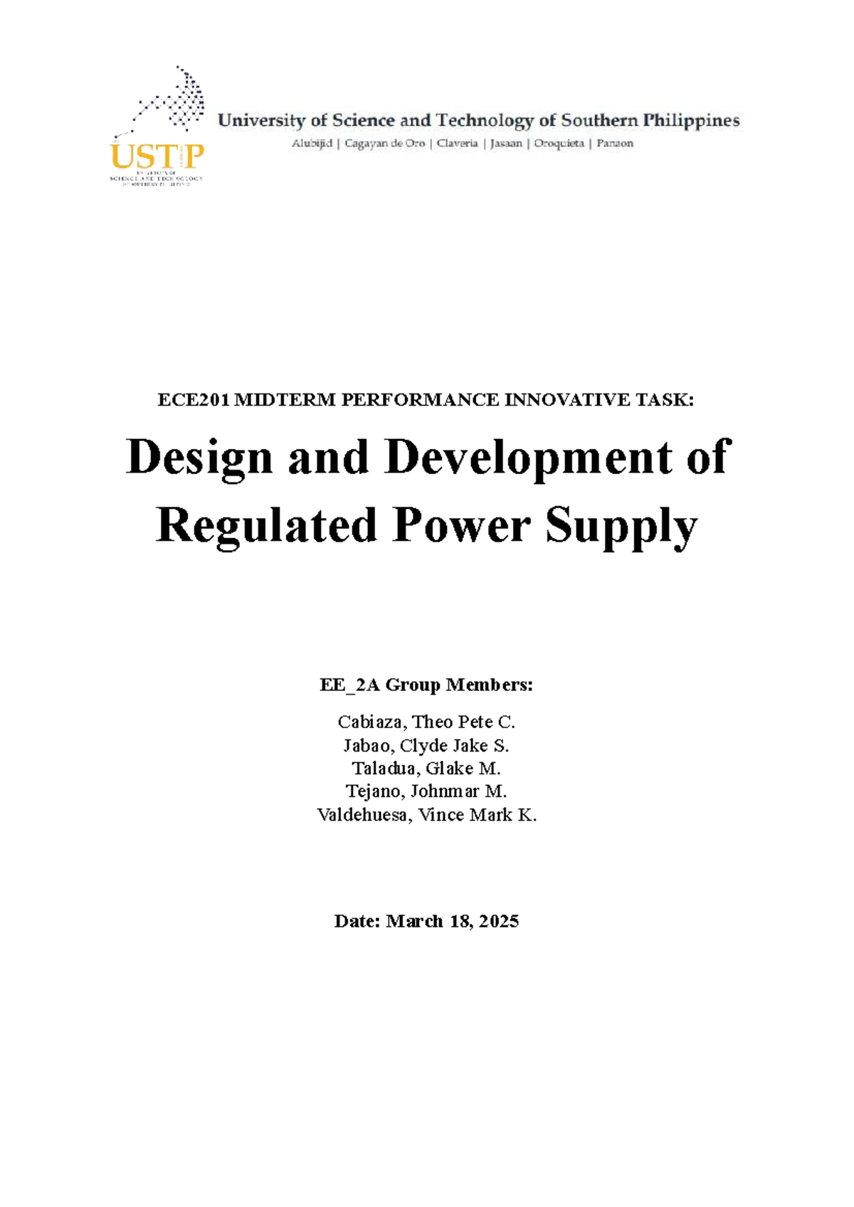 ECE201 midterm performance task: Design and development of regulated ...
