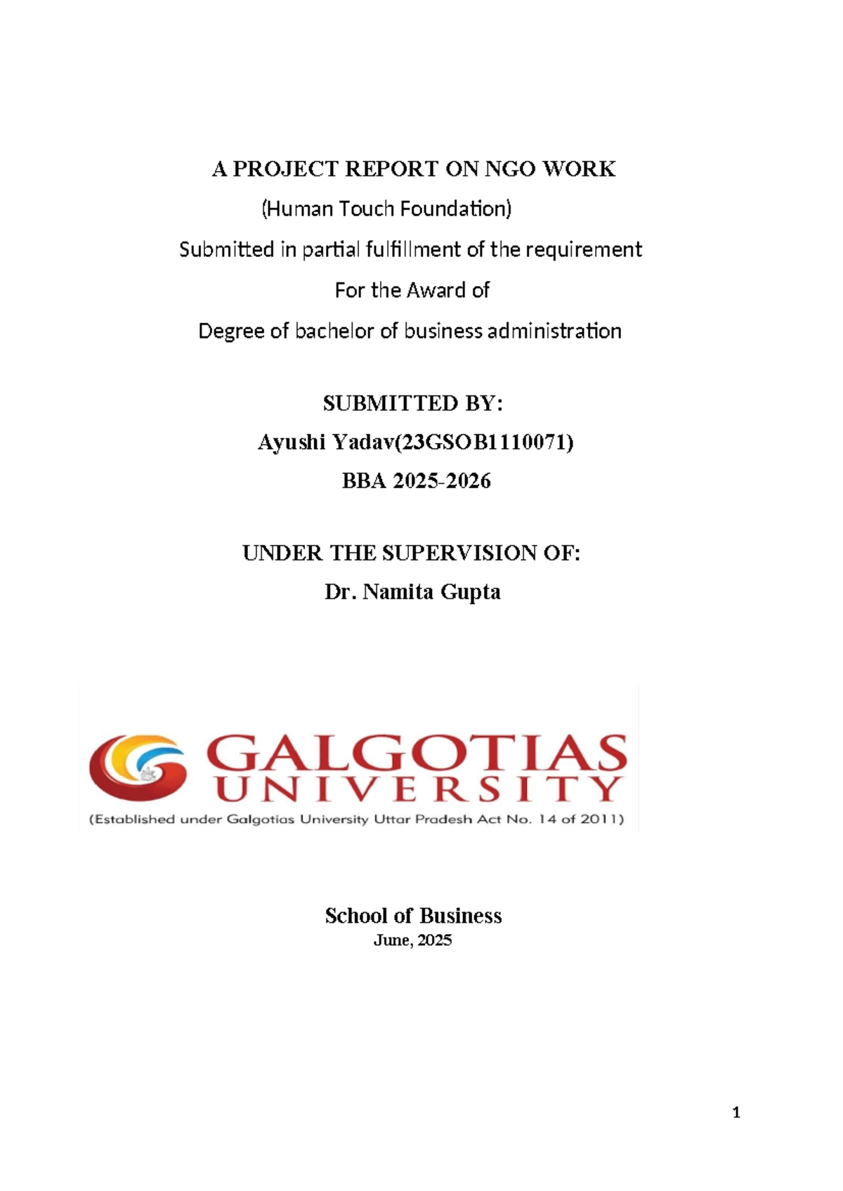 BBA Project Report: Community Service with Human Touch Foundation - Studocu