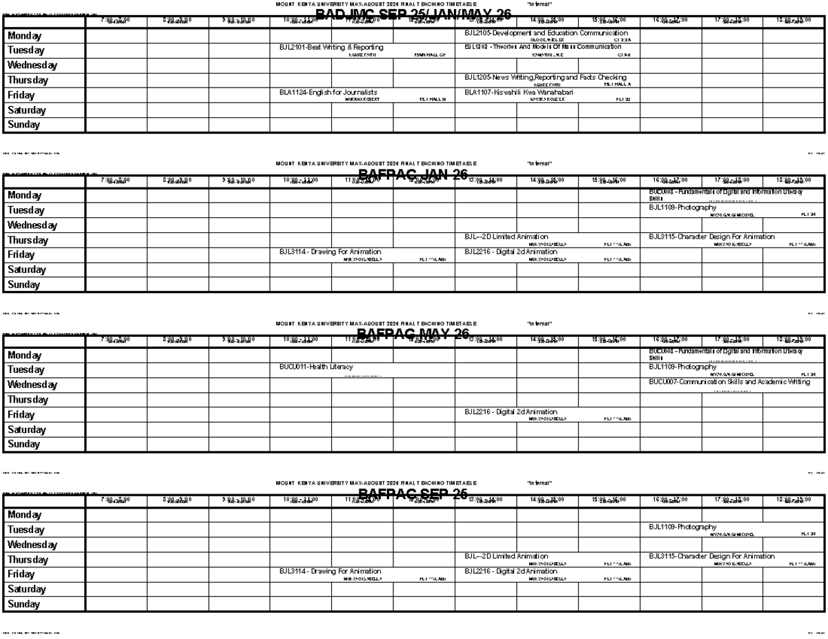 MOUNT KENYA UNIVERSITY 2026 FINAL TEACHING TIMETABLE - Studocu