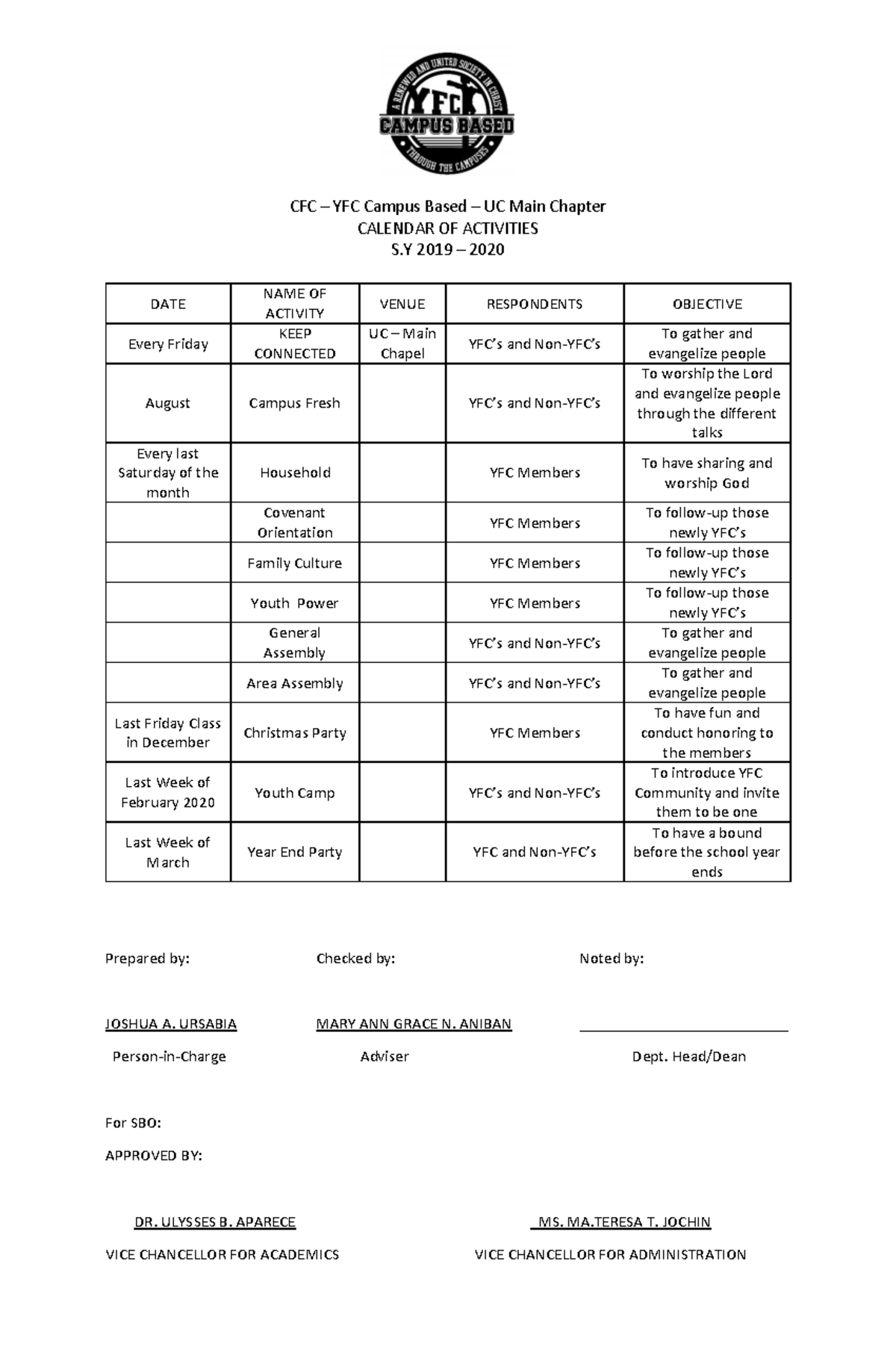 Calendars OF Activity - abc - CFC – YFC Campus Based – UC Main Chapter ...