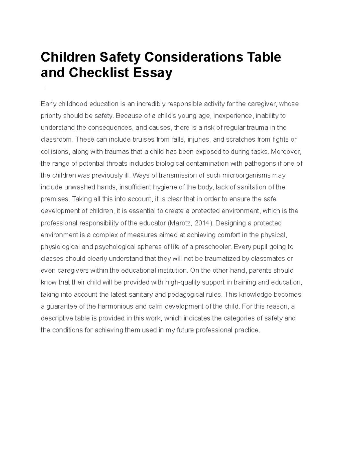 Children Safety Considerations Table and Checklist Essay - Children ...