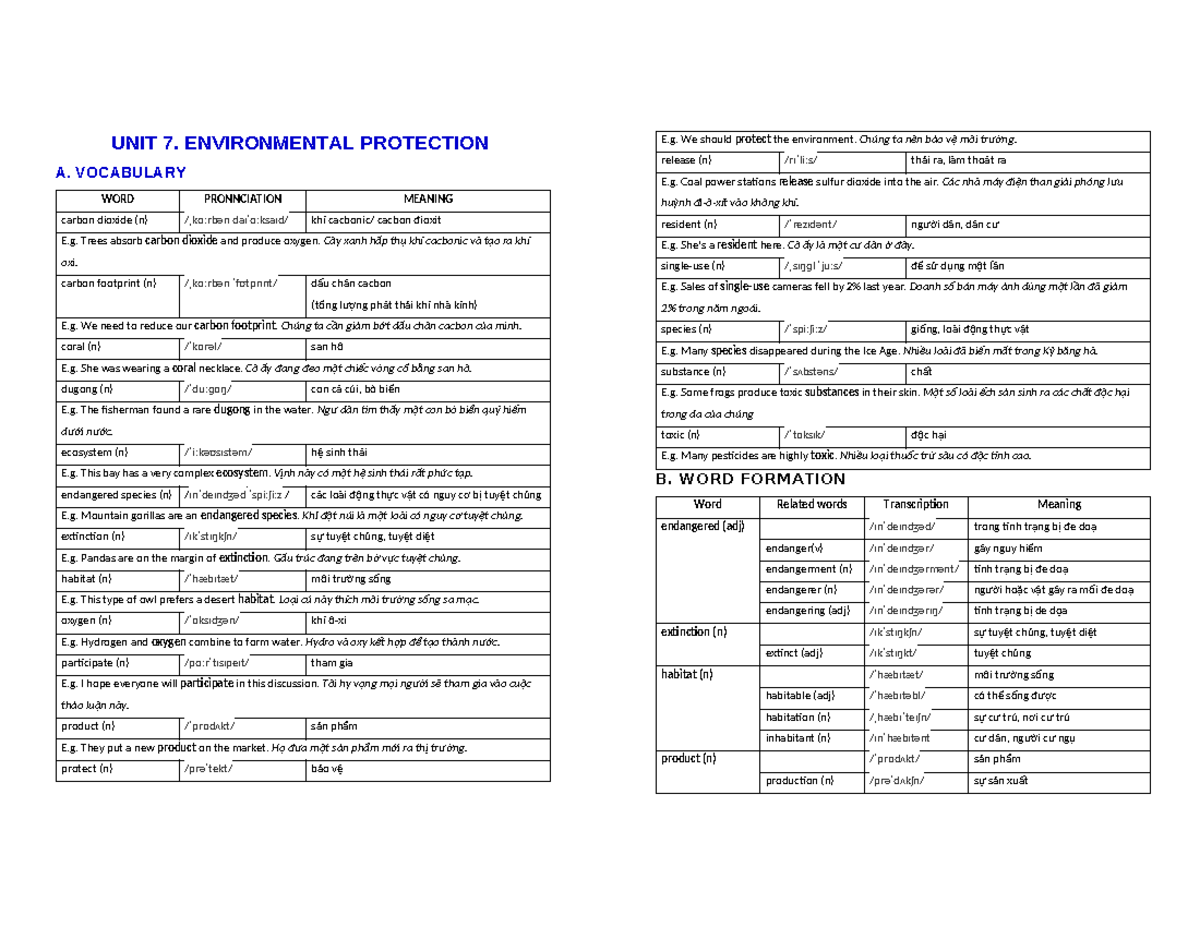 UNIT 7 - Environmental Protection Vocabulary and Grammar Notes - Studocu