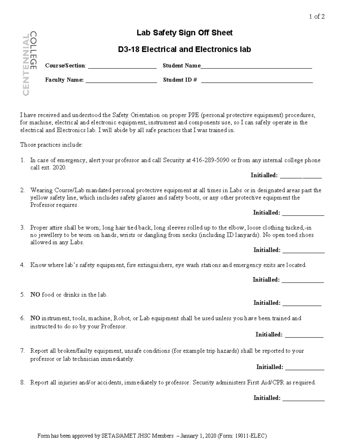Safety Sign Off Sheet for D3-18 Electrical & Electronics Lab - Studocu