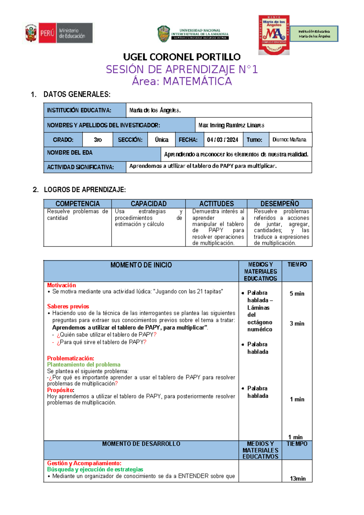 Sesión de Aprendizaje N° 1: Uso del Tablero de PAPY en Matemáticas ...