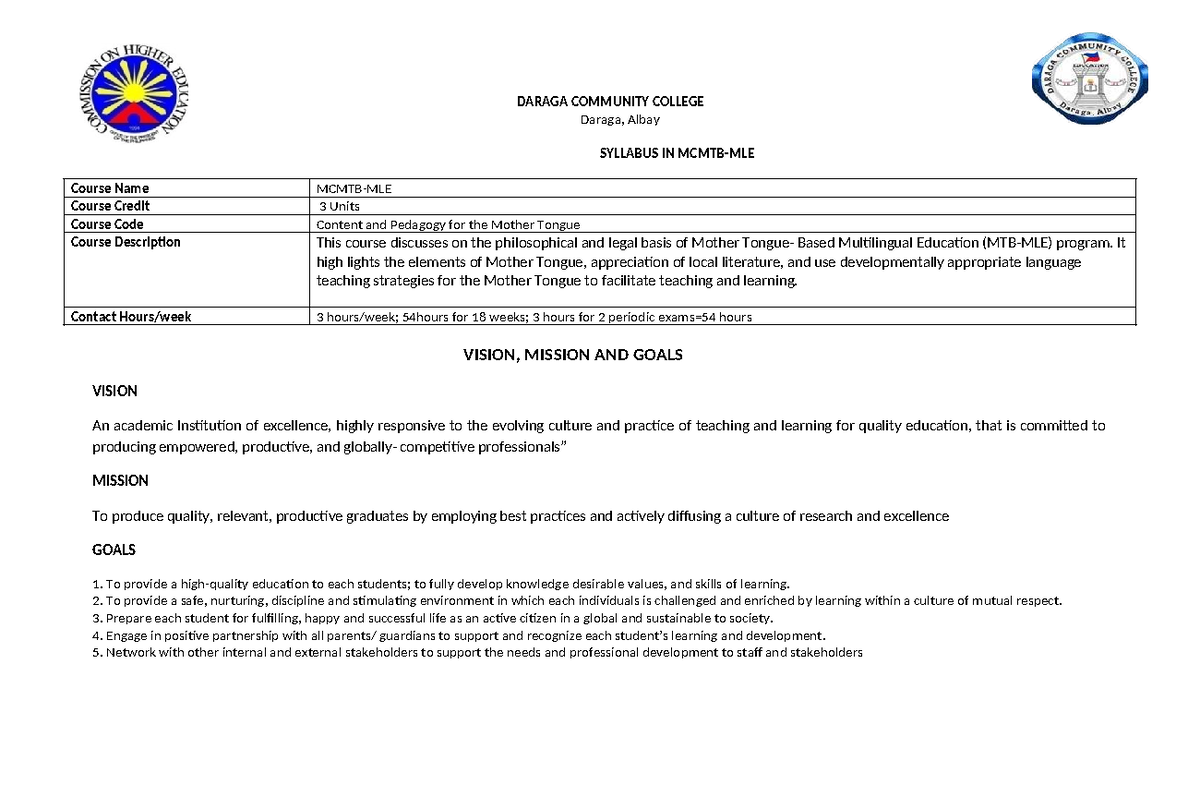 MTB-MLE syllabus: Content and pedagogy for the mother tongue - Studocu