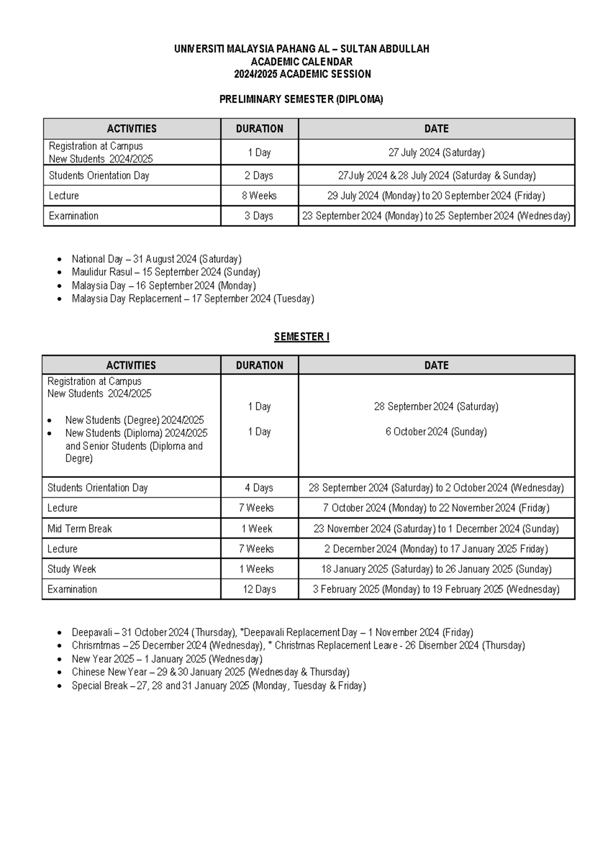 Academic Calendar 2024/2025 (UG) - Semester Schedules & Important Dates ...