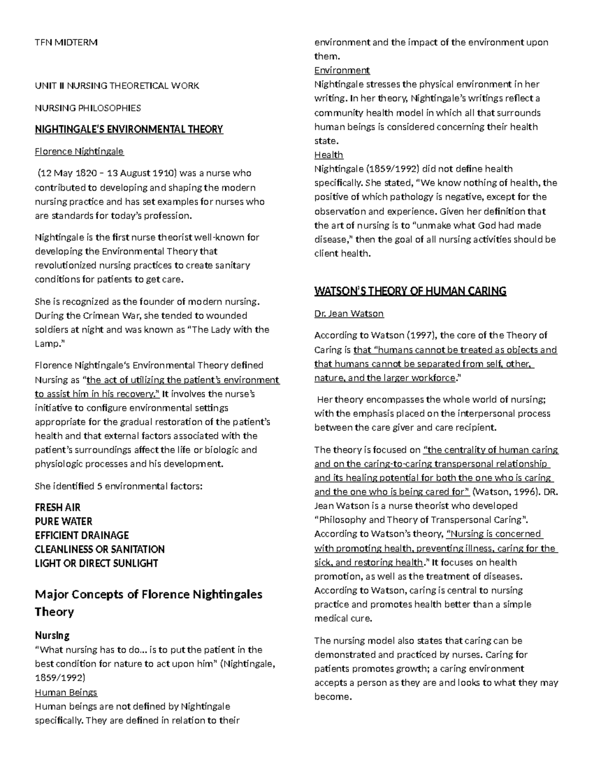 TFN Midterm: Nursing Theoretical Work on Environmental Theory - Studocu