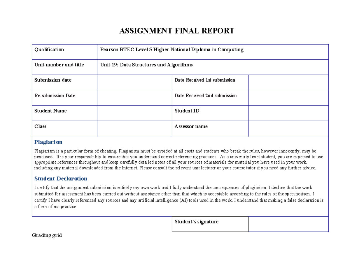 Unit 19: Data Structures & Algorithms Final Report (BTEC HND) - Studocu
