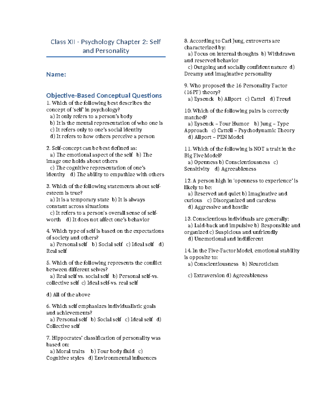 Class XII Psychology Chapter 2: Self and Personality Revision Notes ...