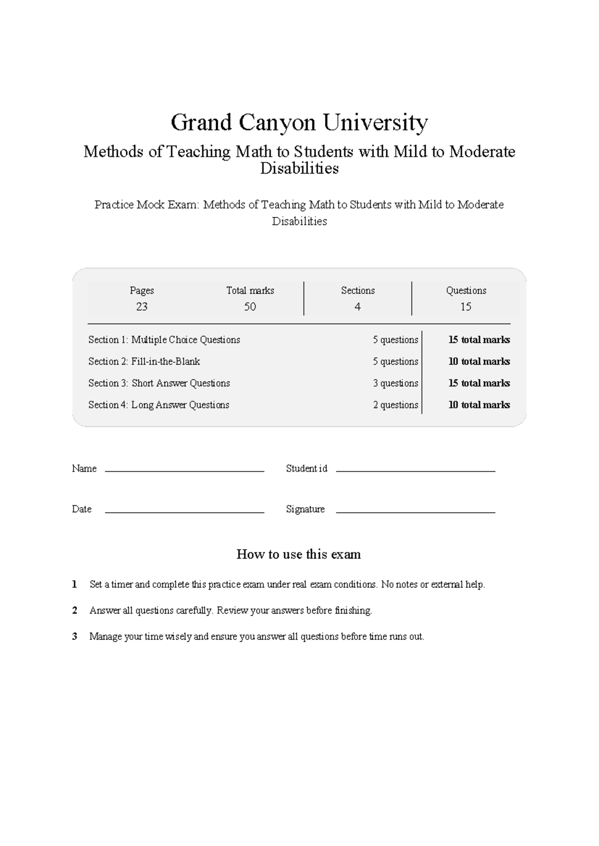 GCU MTH 302 Practice Mock Exam: Teaching Math to Students with ...