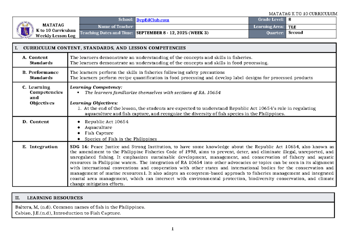 DLL Matatag TLE 8 Q2 W3: Fisheries & Food Processing Lesson Plan - Studocu
