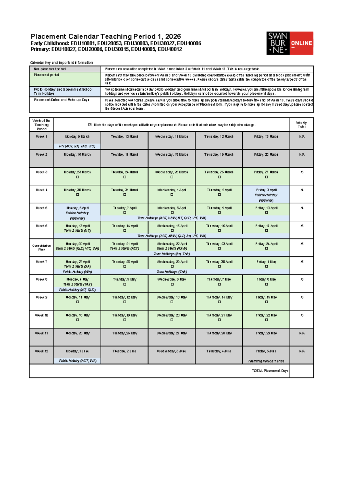 2026 TP1 Placement Calendar for Early Childhood & Primary Programs ...