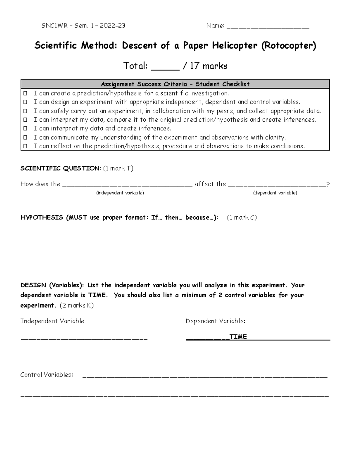SNC1WR Lesson 04: Rotocopter Lab Report Guidelines 2022-23 - Studocu