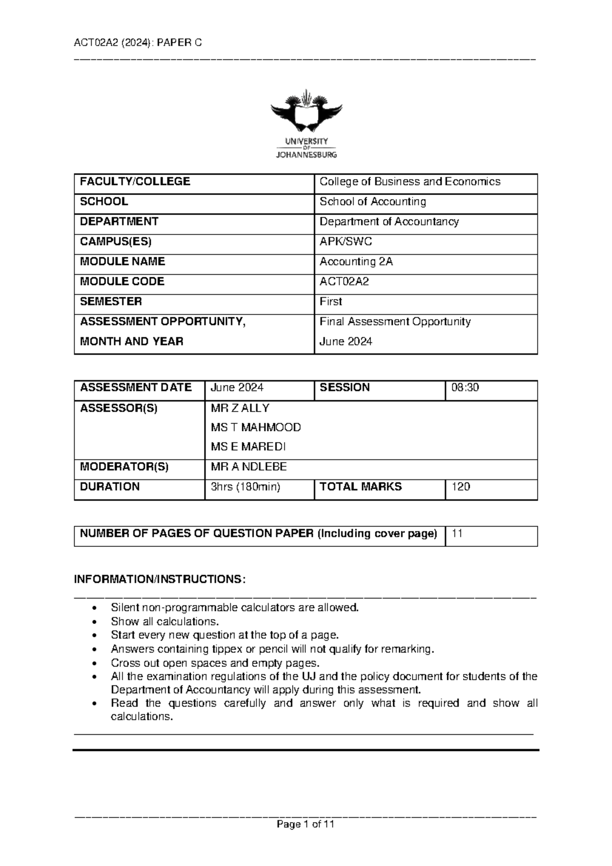 ACT02A2 (2024): Final Exam Paper C - Accounting 2A Past Papers - Studocu