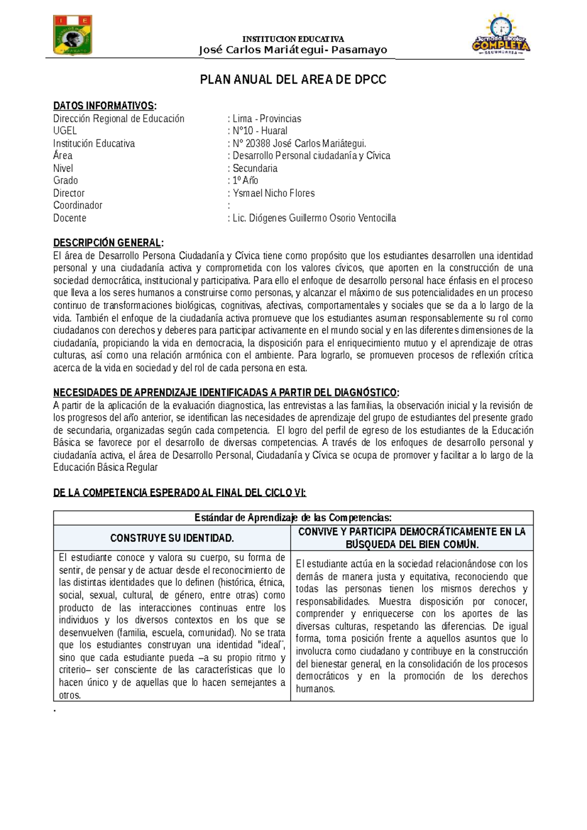 Plan Anual 2026 del Área de DPCC - 1er Año Secundaria - Studocu
